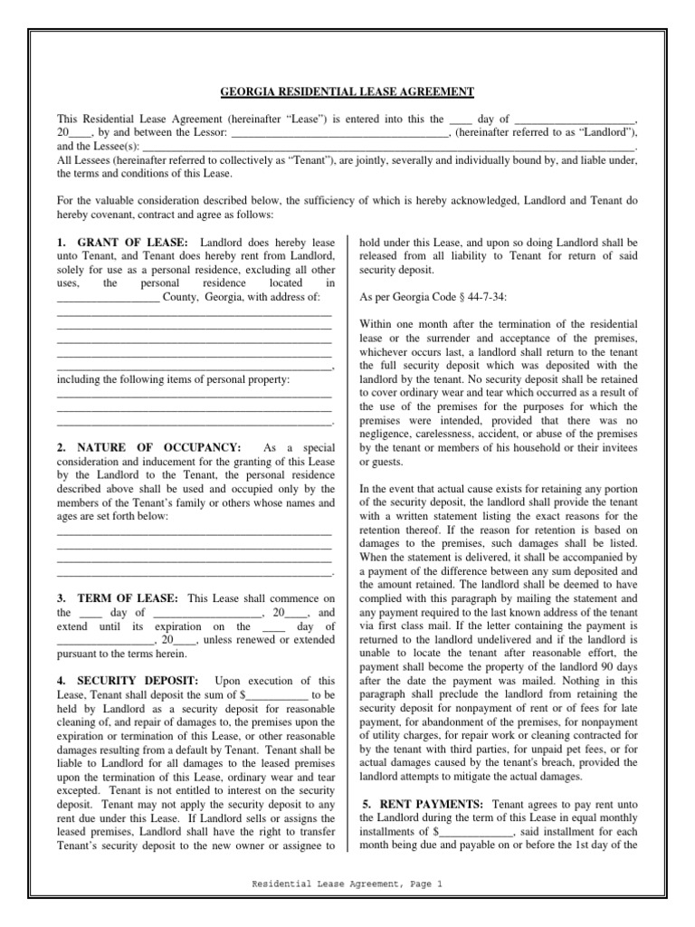 Georgia Standard Residential Lease Agreement | Download Free PDF | Lease | Leasehold Estate