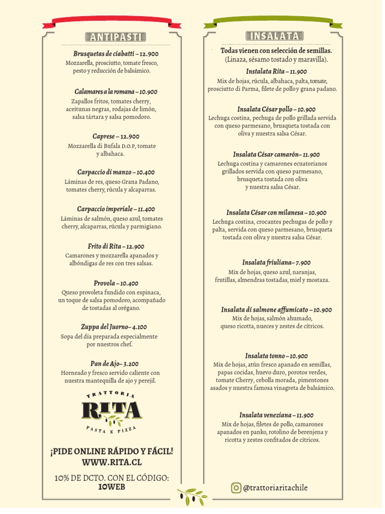 Menú Rita con antipasti, insalatas, primi, pizza, secondi y dolci | PDF ...