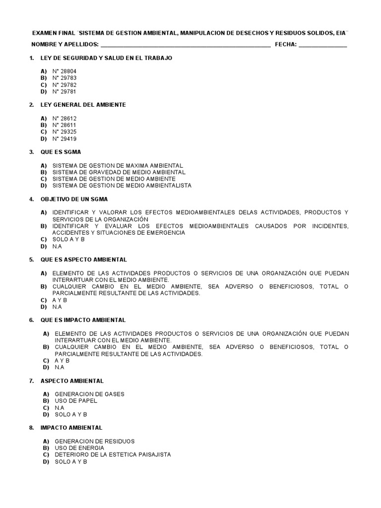 Examen Final Sgma | PDF | Residuos | Entorno natural