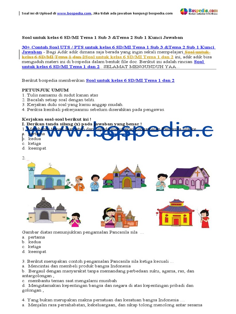 30 - Contoh Soal UTS PTS Untuk Kelas 6 SD MI Tema 1 Sub 3 &tema 2 Sub 1 Kunci Jawaban | PDF