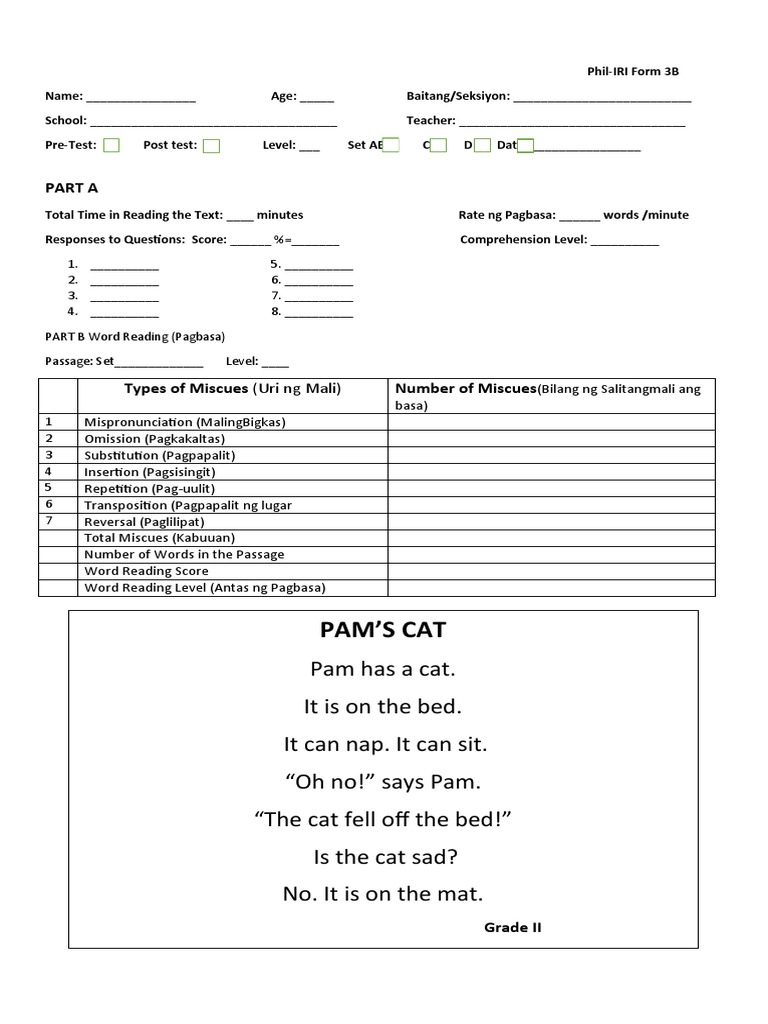 Phil-IRI Reading Assessment Form 3B | PDF | Animal Physiology ...