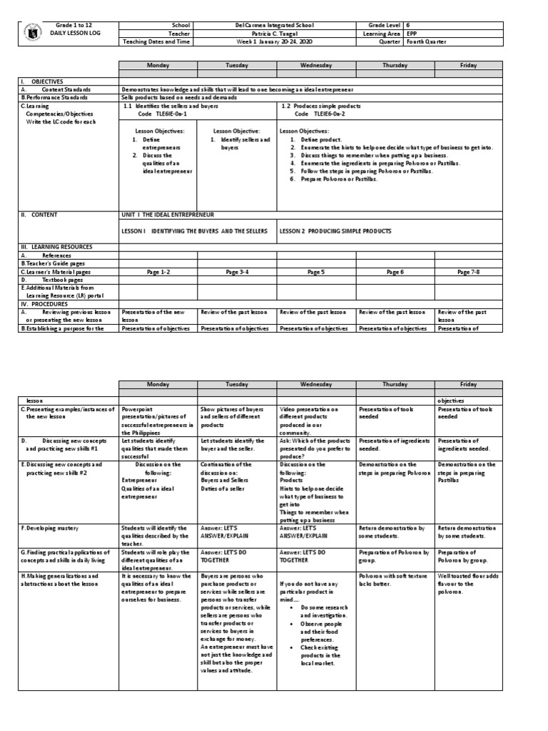 DLL Tle 6 Ict Entrepreneurship 6 | PDF | Educational Technology | Spreadsheet