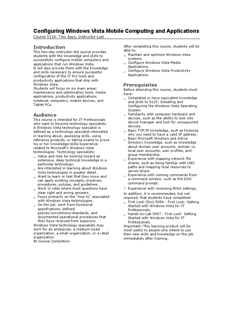 Windows Vista Mobile Computing Course | PDF | Windows Vista | Microsoft ...