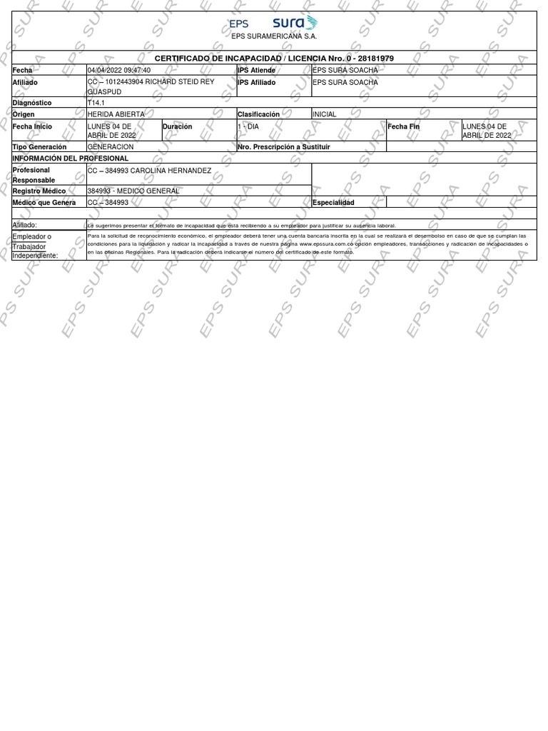 Incapacidad Sura | PDF