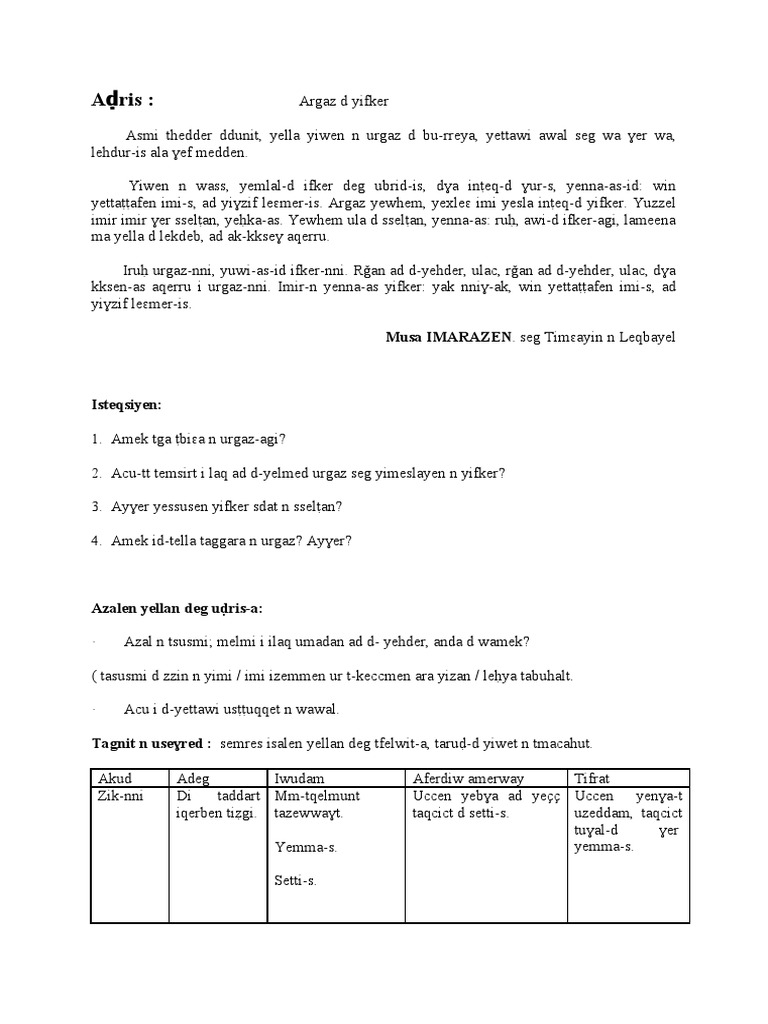 Tamacahut Argaz D Yifker Mme Fekir | PDF