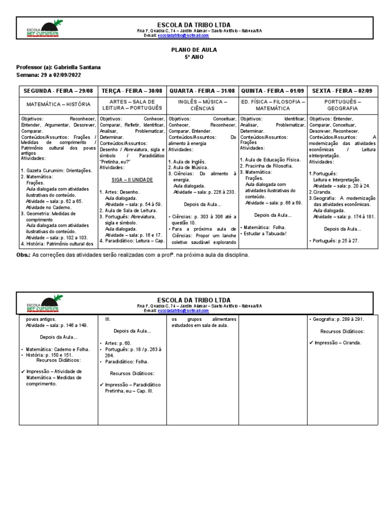 Plano de Aula 5º Ano - 29 A 02 Set | PDF | Science