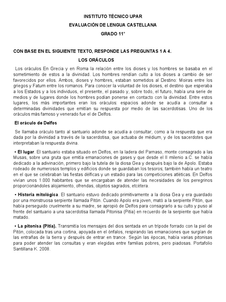 Evaluación de Leng. Castellana 11°. Primer Periodo | PDF | Delphi | Oráculo
