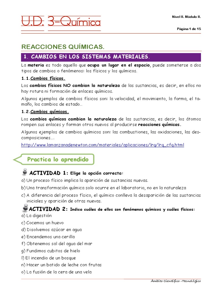 Reacciones Químicas y Cambios de Materia | PDF | Química | Reacciones ...