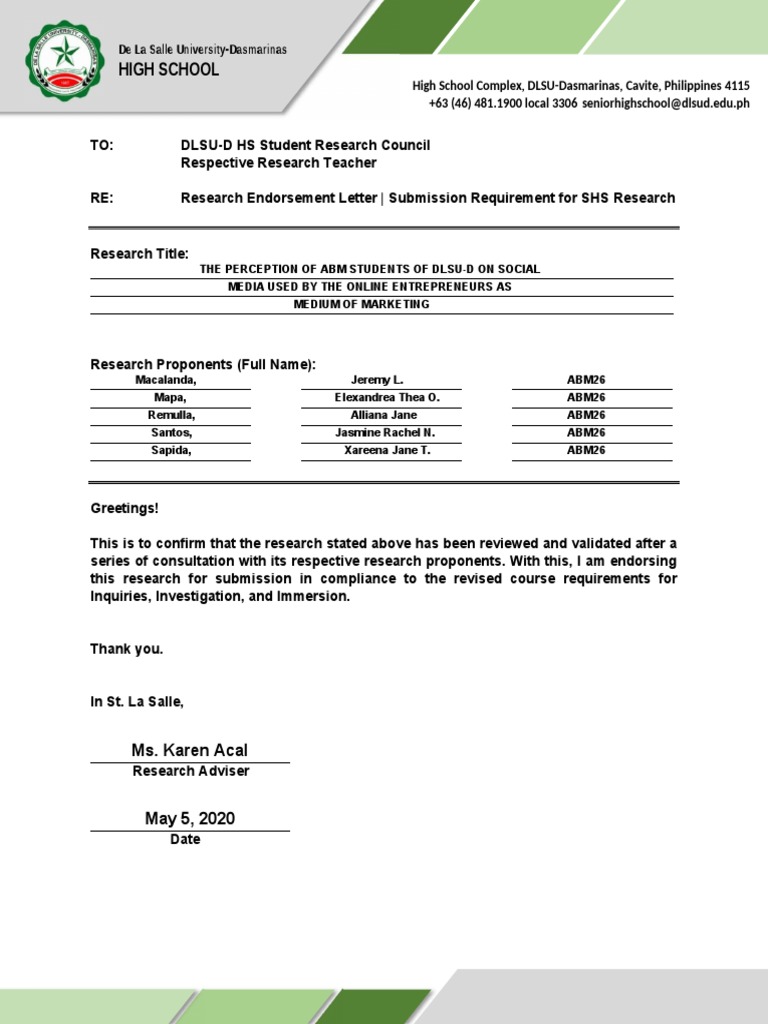 DLSU D SHS Research Endorsement Letter | PDF