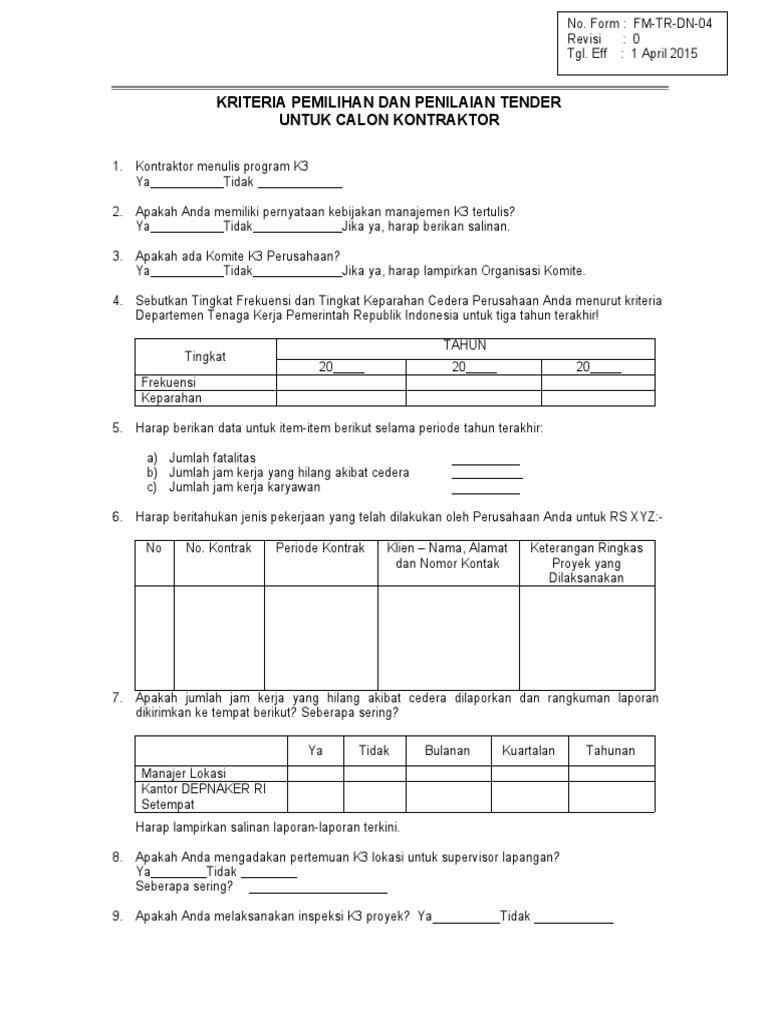 FORM 1. Kriteria Kontraktor | PDF