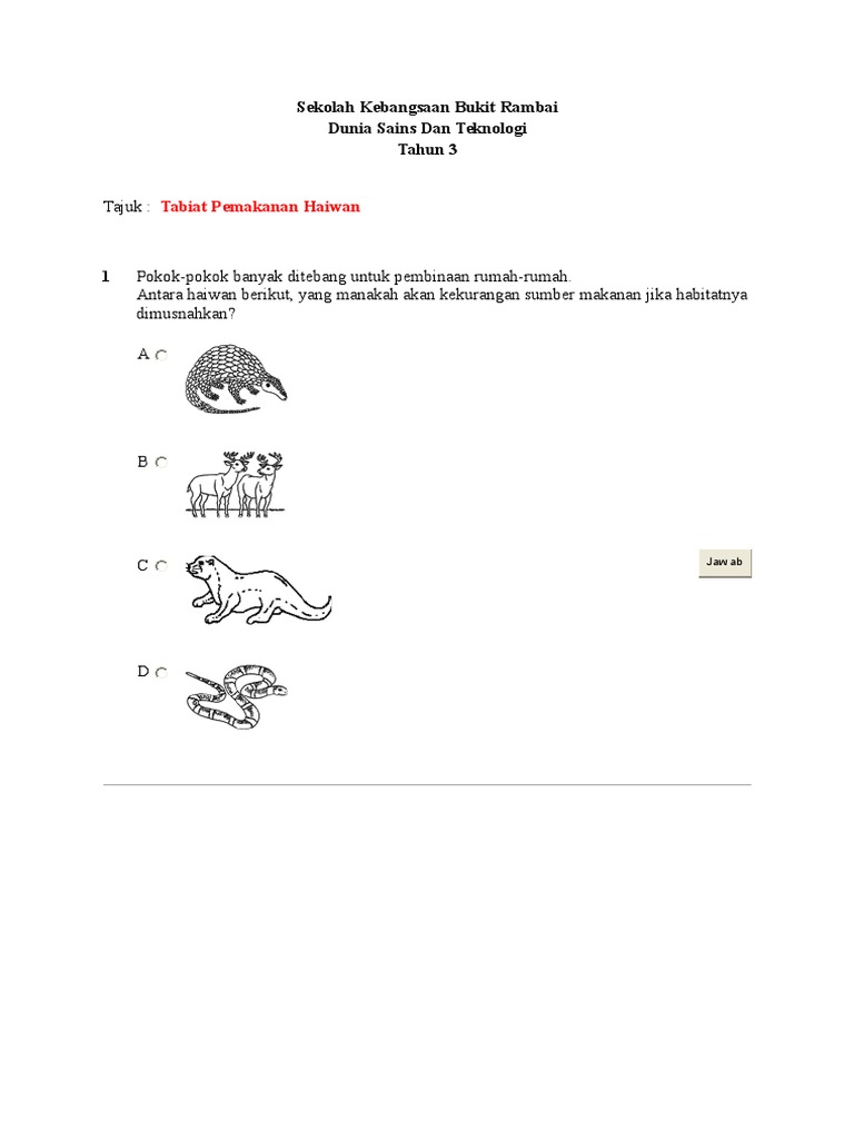 DST Tahun 3 Latihan Tabiat Pemakanan Haiwan | PDF