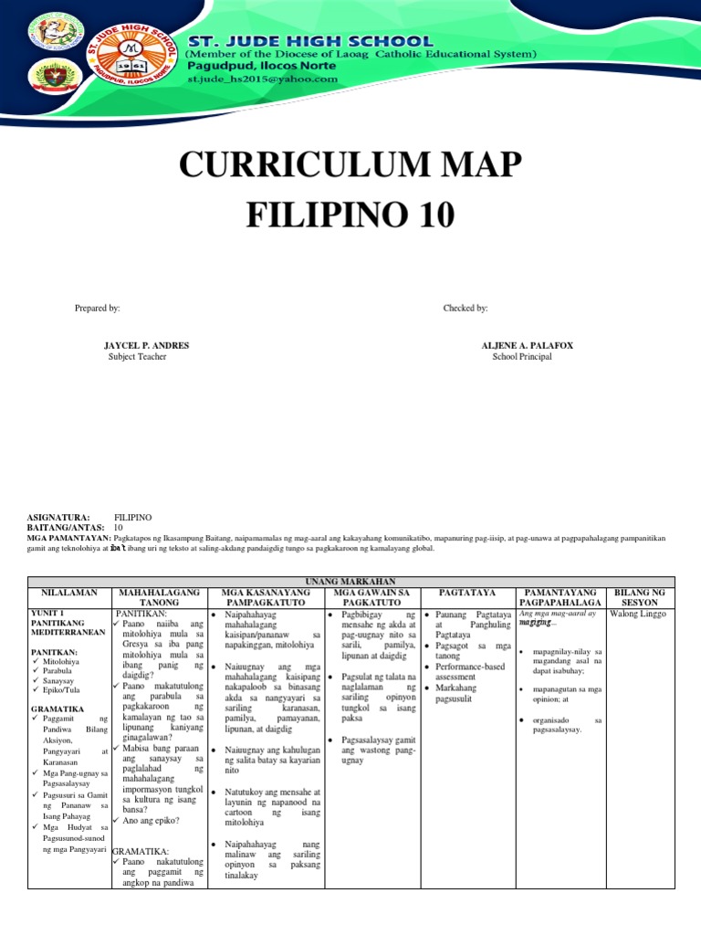 Curriculum Map - Filipino 10 | PDF