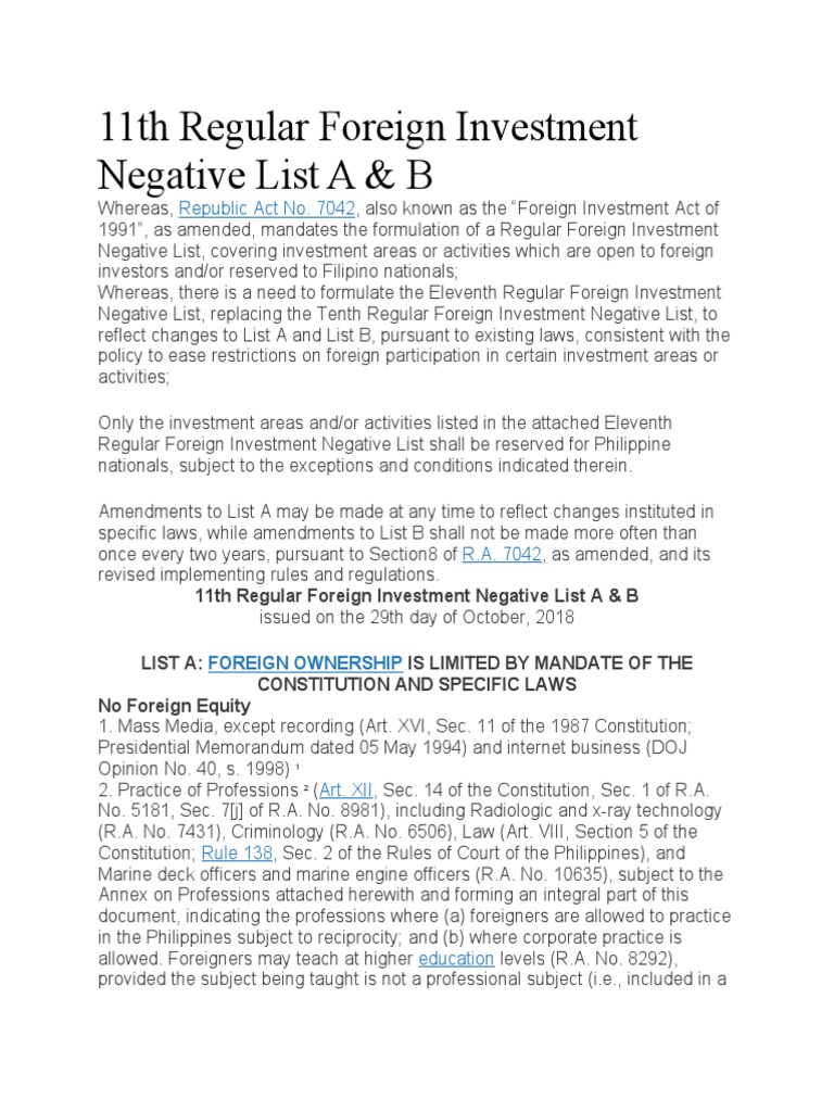 11th Regular Foreign Investment Negative List A | PDF | Engineering | U ...