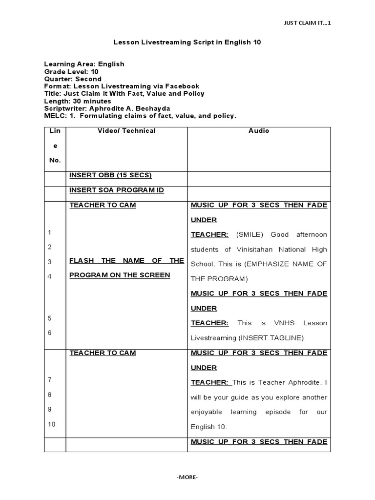 Sample Script For Lesson Streaming | PDF | Essays