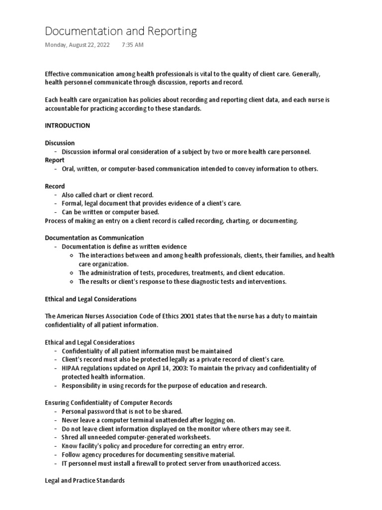 Documentation and Reporting in Nursing | PDF | Nursing | Medical Diagnosis