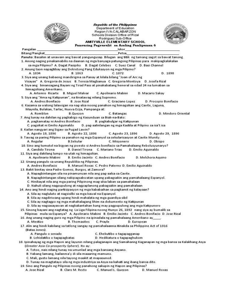 Diagnostic Test - Araling Panlipunan 6 | PDF