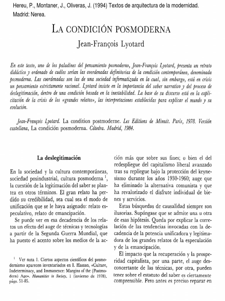 1978 Lyotard La Condición Postmoderna | PDF | Inteligencia artificial ...