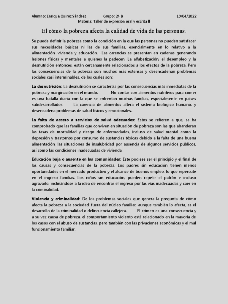 El Cómo La Pobreza Afecta La Calidad de Vida de Las Personas | PDF ...
