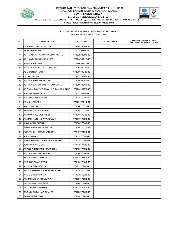 Rekap Sertifikat PKL 2020 | PDF