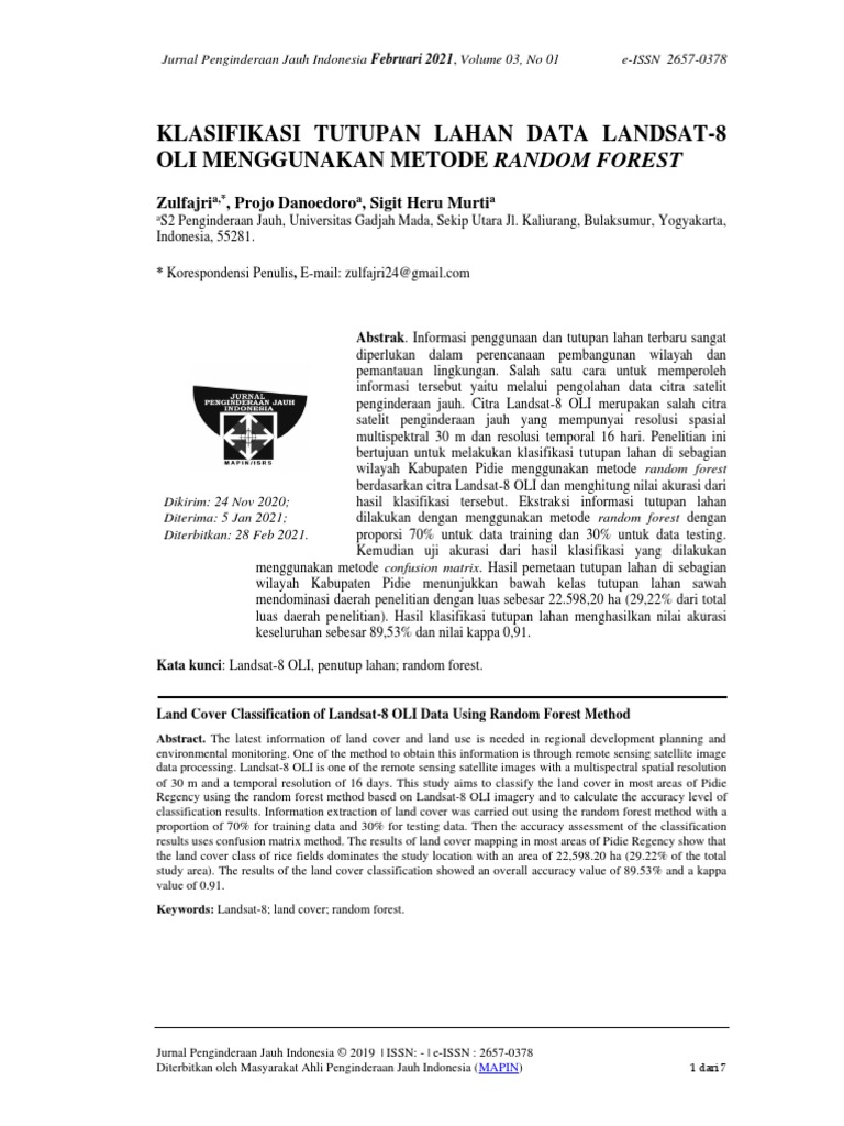 Zulfajri - 2021 - Klasifikasi Tuplah Data Landsat 8 Menggunakan Metode Random Forest | PDF