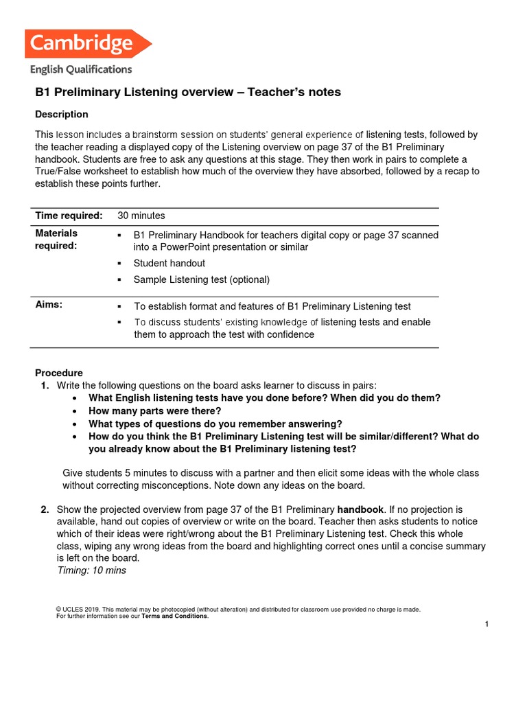 b1 Preliminary Listening Overview | PDF | Learning | Communication
