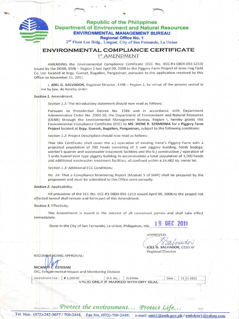 Ecc-R1-0804-055-1213 Environmental Compliance Certificate 1st Amendment ...