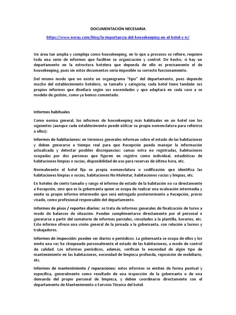 Informes Clave en Housekeeping Hotelero | PDF | Hotel