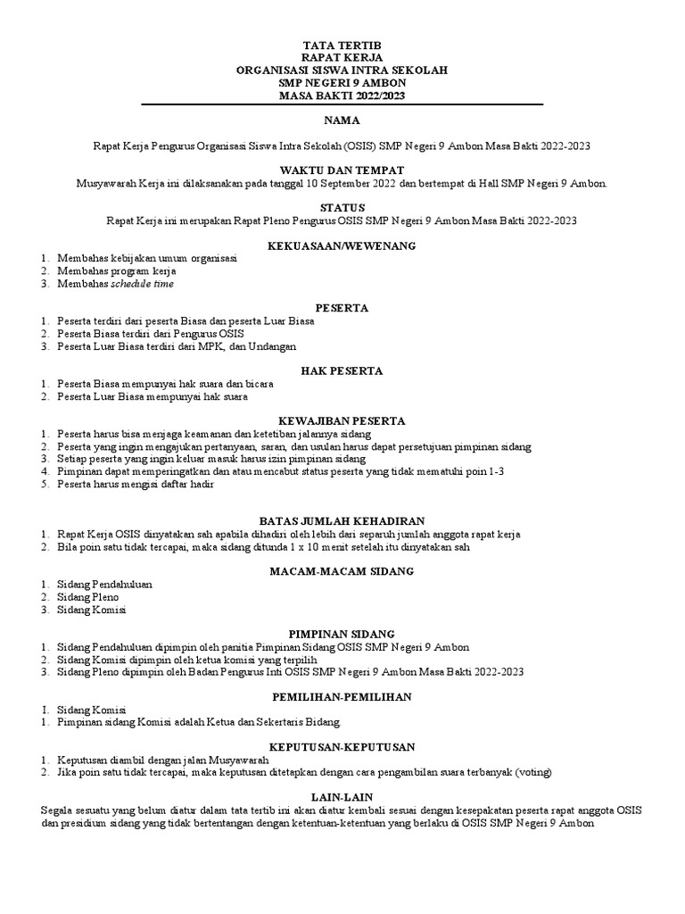 Tata Tertib Raker Osis 2022-2023 | PDF