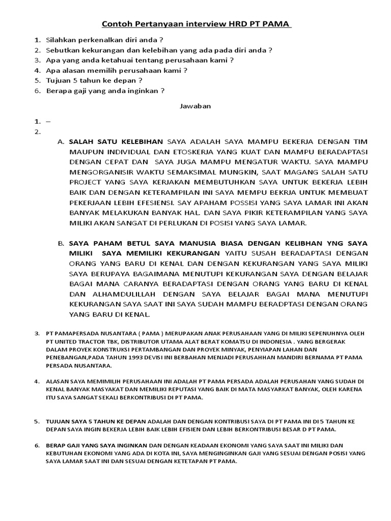 Contoh Pertanyaan Interview HRD PT PAMA | PDF