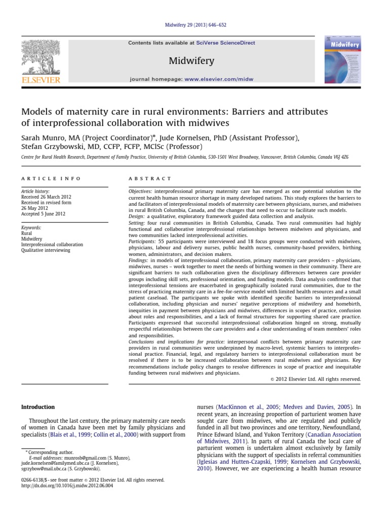 Models of Maternity Care in Rural Environments Barriers and Attributes ...