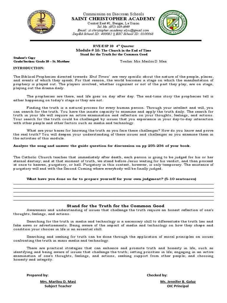 RVE ESP Grade 10 Module 16 4th Q | PDF | Truth | Purgatory