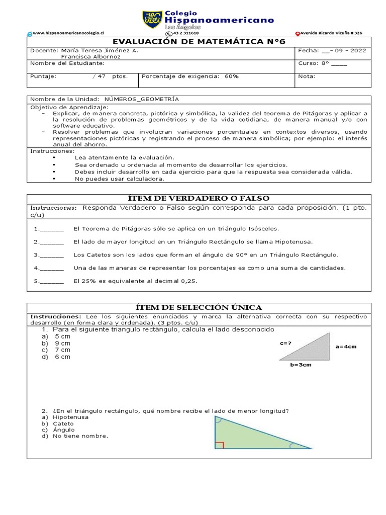 Evaluación N°6 - 8° Básico - Teorema de Pitágoras - Porcentajes. | PDF ...