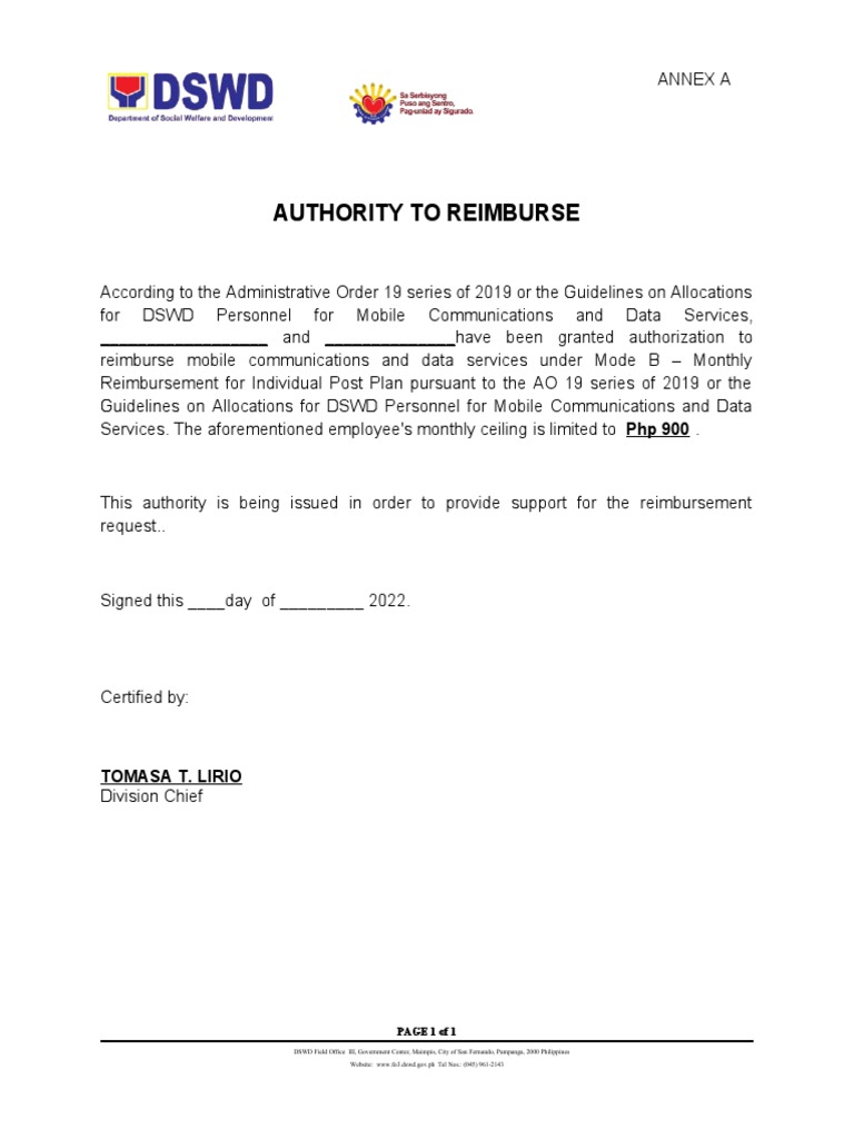 Authority To Reimburse ANNEX A | PDF