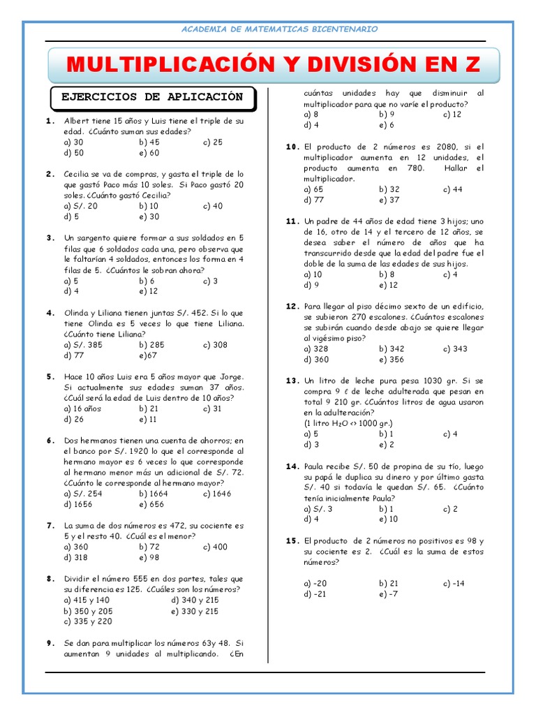 Ejercicios de Multiplicación y División para Primero de Secundaria ...