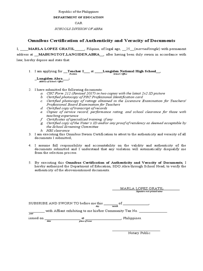 Omnibus Certification of Authenticity and Veracity of Documents v2 | PDF | Authentication | Document