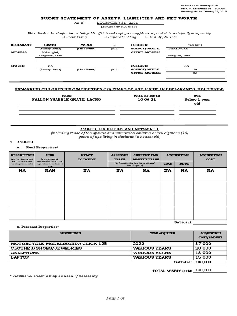 SALN Form Rev2015 1 | Download Free PDF | Net Worth | Economies