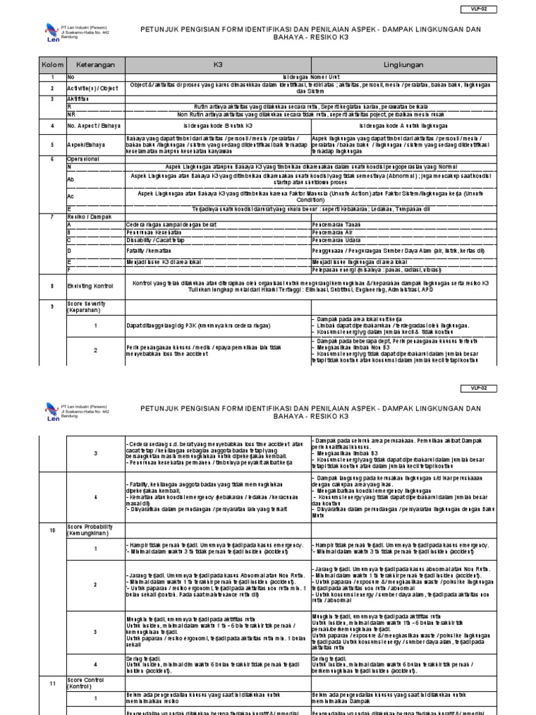 Petunjuk Pengisian Form Identifikasi Dan Penilaian Bahaya - Resiko K3 | PDF