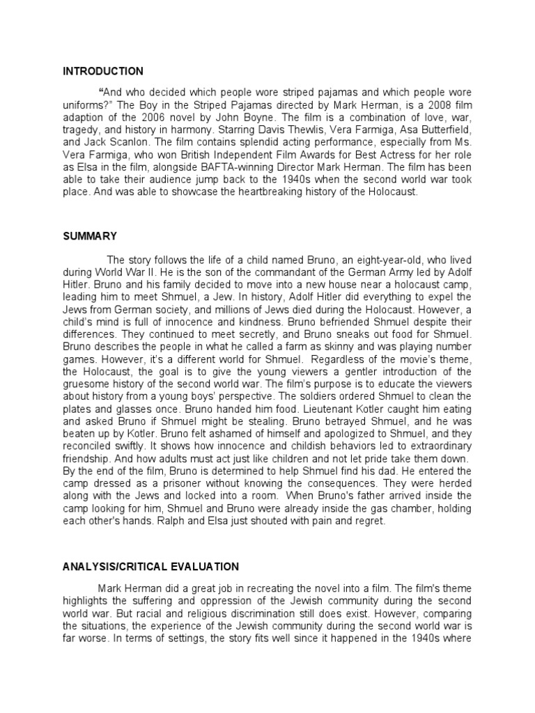 Critique-Paper For The Movie "Boy With Striped Pajamas" | PDF