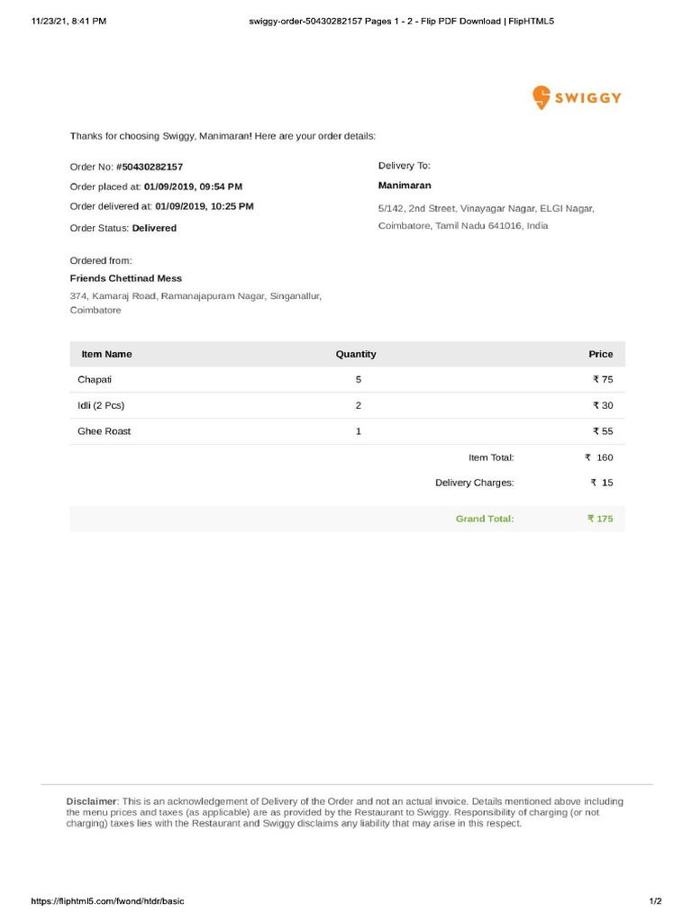 Swiggy Bill | PDF