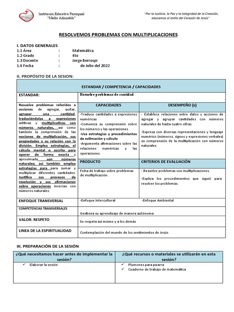 4° - Sesión - Resolvemos Problemas Con Multiplicaciones - Matemàtica | PDF | Multiplicación