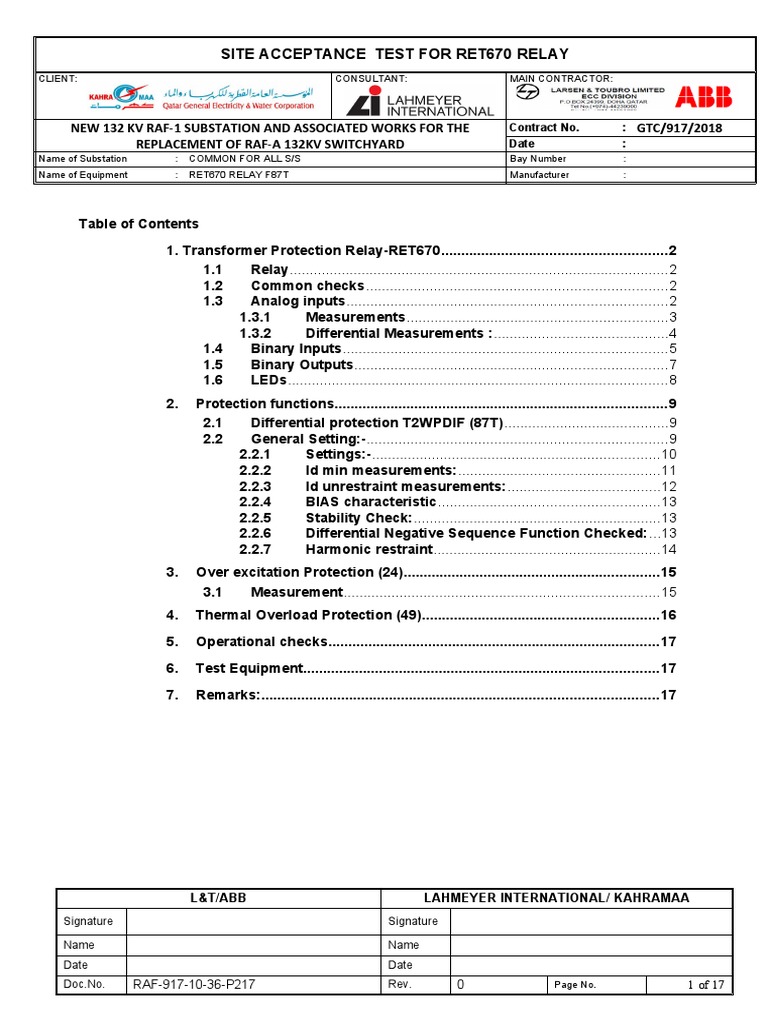 Site Acceptance Test Report for RET670 Transformer Differential Relay ...