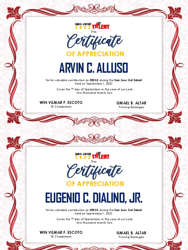Certificate Of Appreciation Sample For Judges