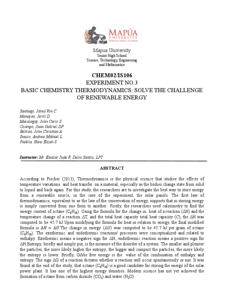 Basic Chemistry Thermodynamics: Solve The Challenge of Renewable Energy ...