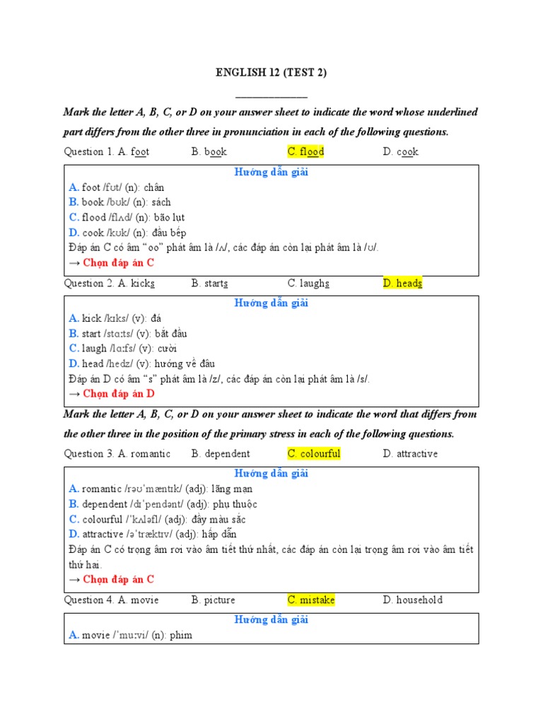 (Hướng Dẫn Giải) English 12 Test 2 | PDF