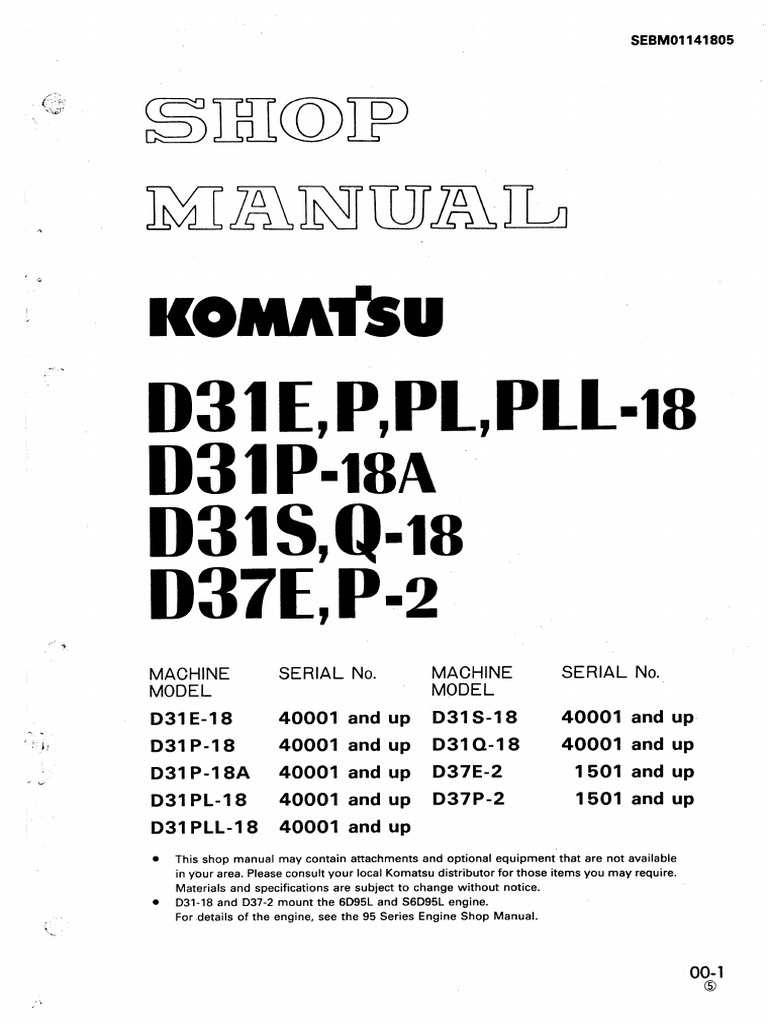 Shop Manual D31p-18a Sebm01141805 | PDF