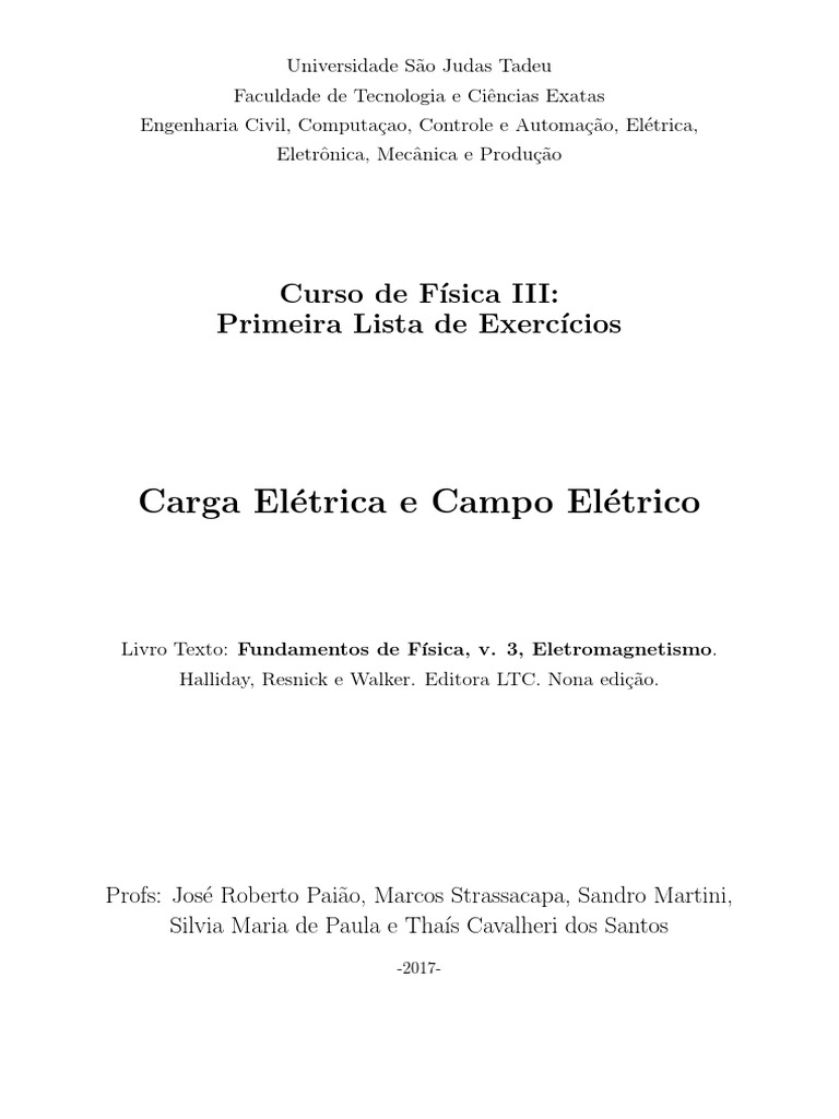 Lista 01 Carga Eletrica e Campo Eletrico | PDF | Carga elétrica ...