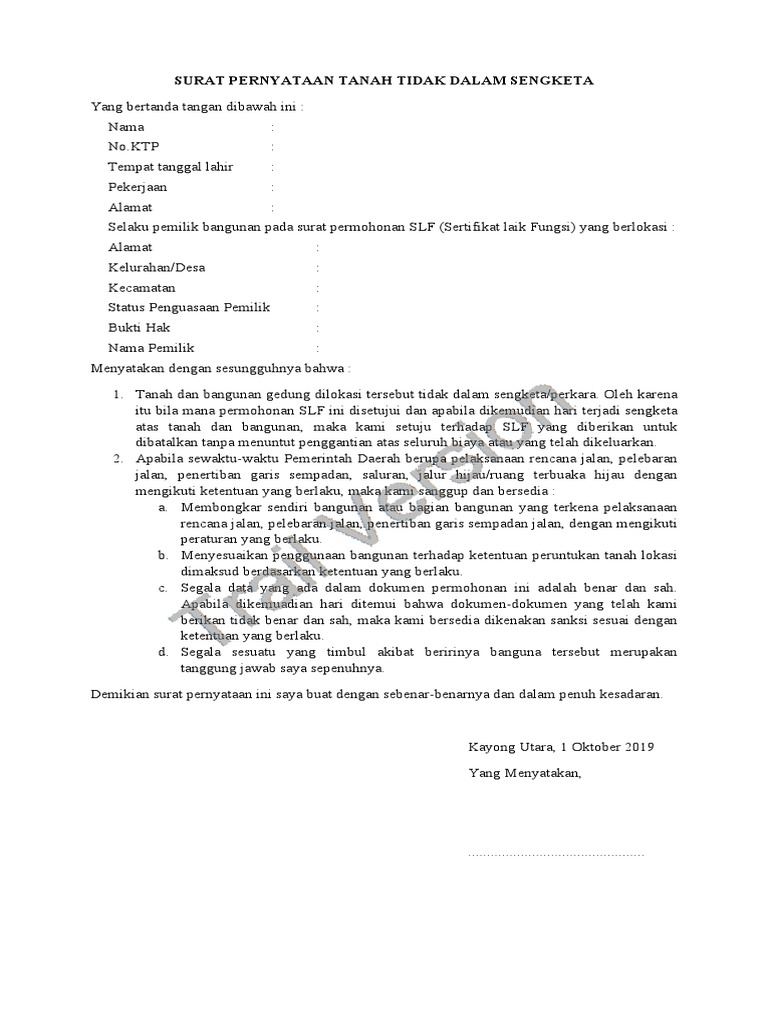 Format PERNYATAAN TANAH TIDAK SENGKETA | PDF