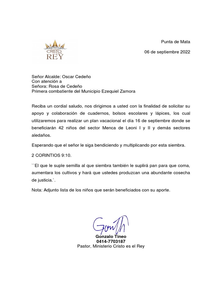 Carta Plan Vacacional Alcalde | PDF