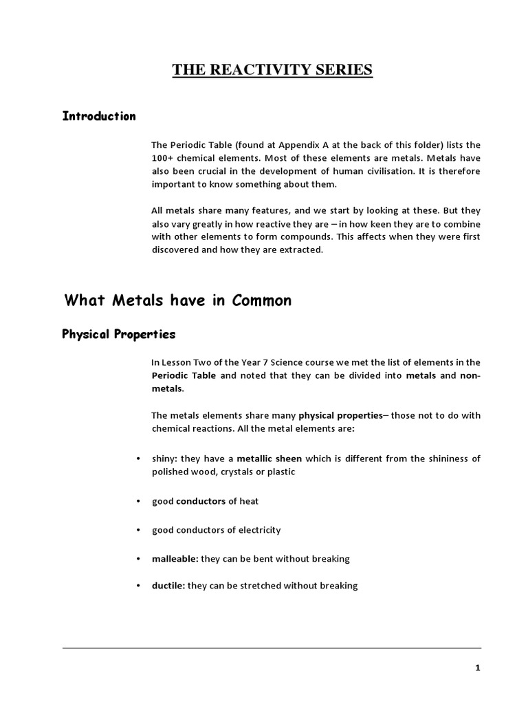 The Reactivity Series Notes | PDF | Oxide | Magnesium