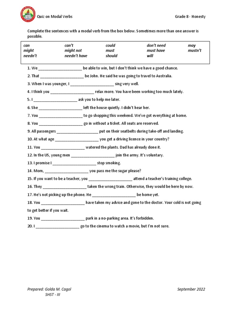 Test on Modal Verbs With Key | PDF